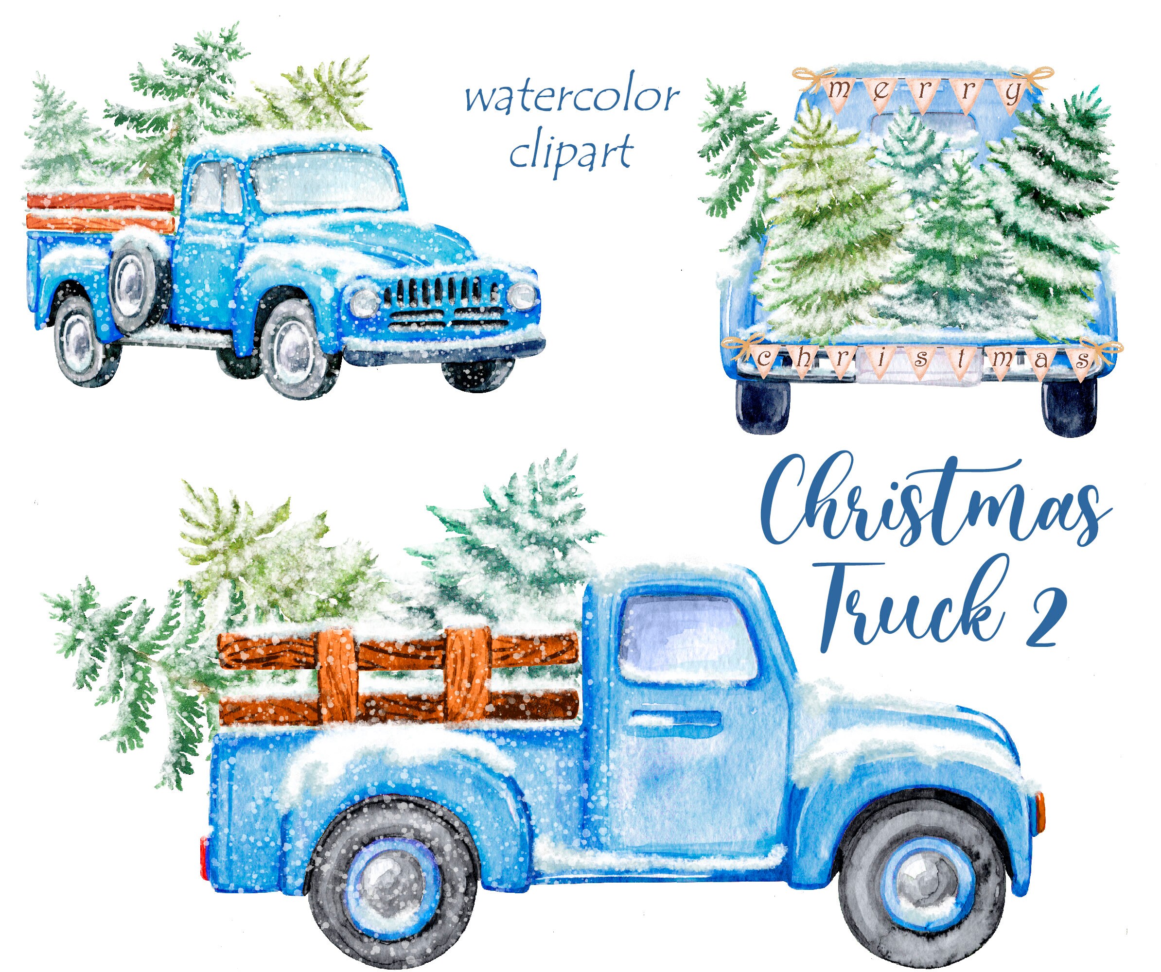 Christmas Truck With Tree Clipart, Watercolor Vintage Pickup Blue ...