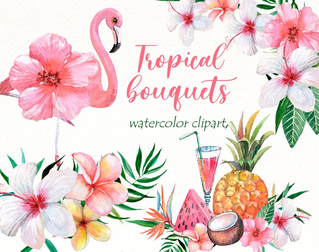 Watercolor Tropical PNG Clipart, Floral Bouquets With Pink Flamingo ...