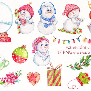 Cute Snowman Watercolor Clipart, Christmas Set With Wreath, Snowflakes ...