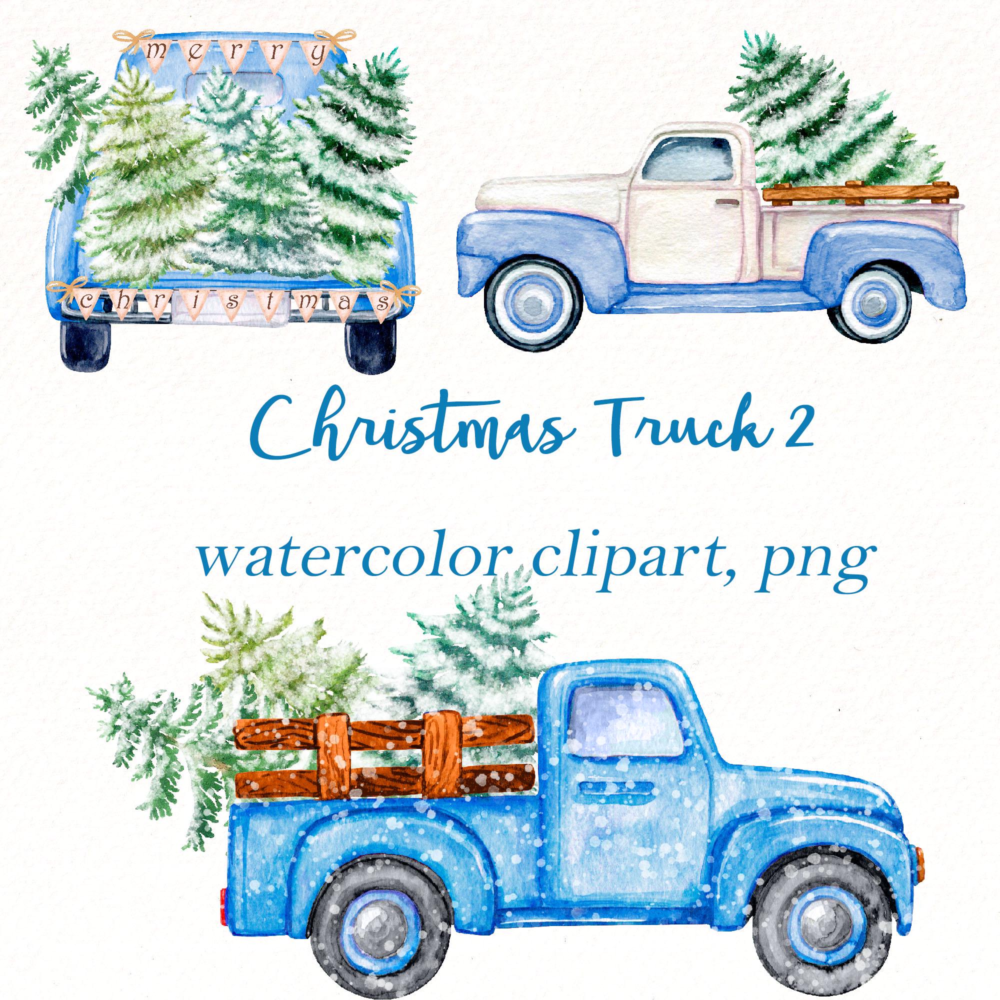 Watercolor Christmas Truck Clipart: Vintage Blue Pickup (PNG Digital ...
