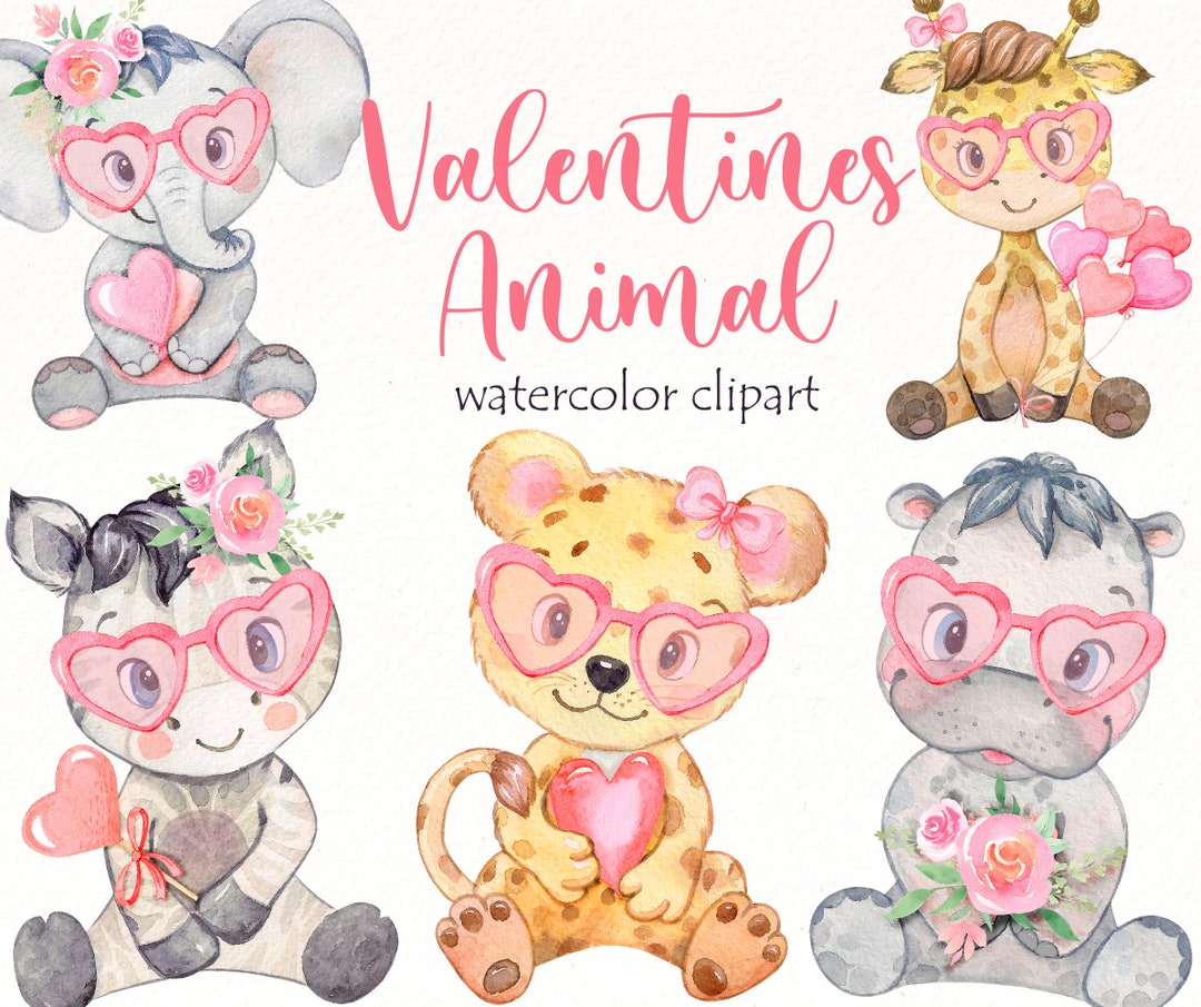 Valentines Animals Clipart, Watercolor Baby Safari Animal Png, Baby ...