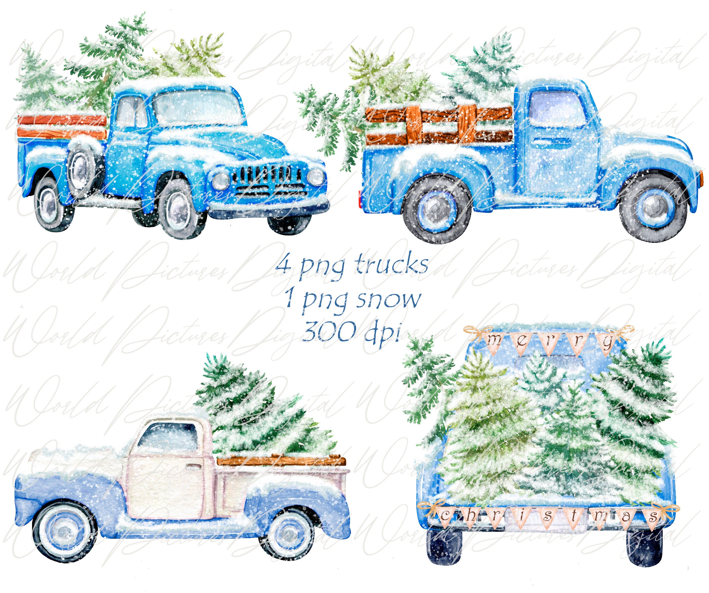 Christmas Truck With Tree Clipart, Watercolor Vintage Pickup Blue ...