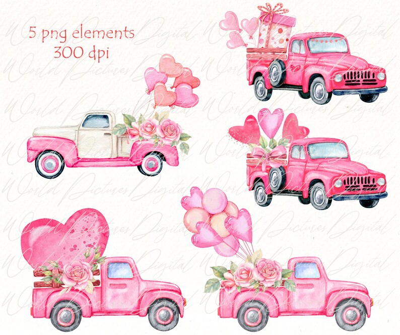 Watercolor Valentine Trucks Clipart, Pink Truck Png, Heart Balloon Clip ...