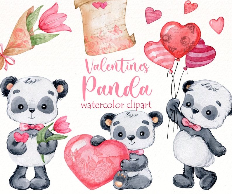 Panda Watercolor Clipart Valentine's Day Clip Art Cute - Etsy