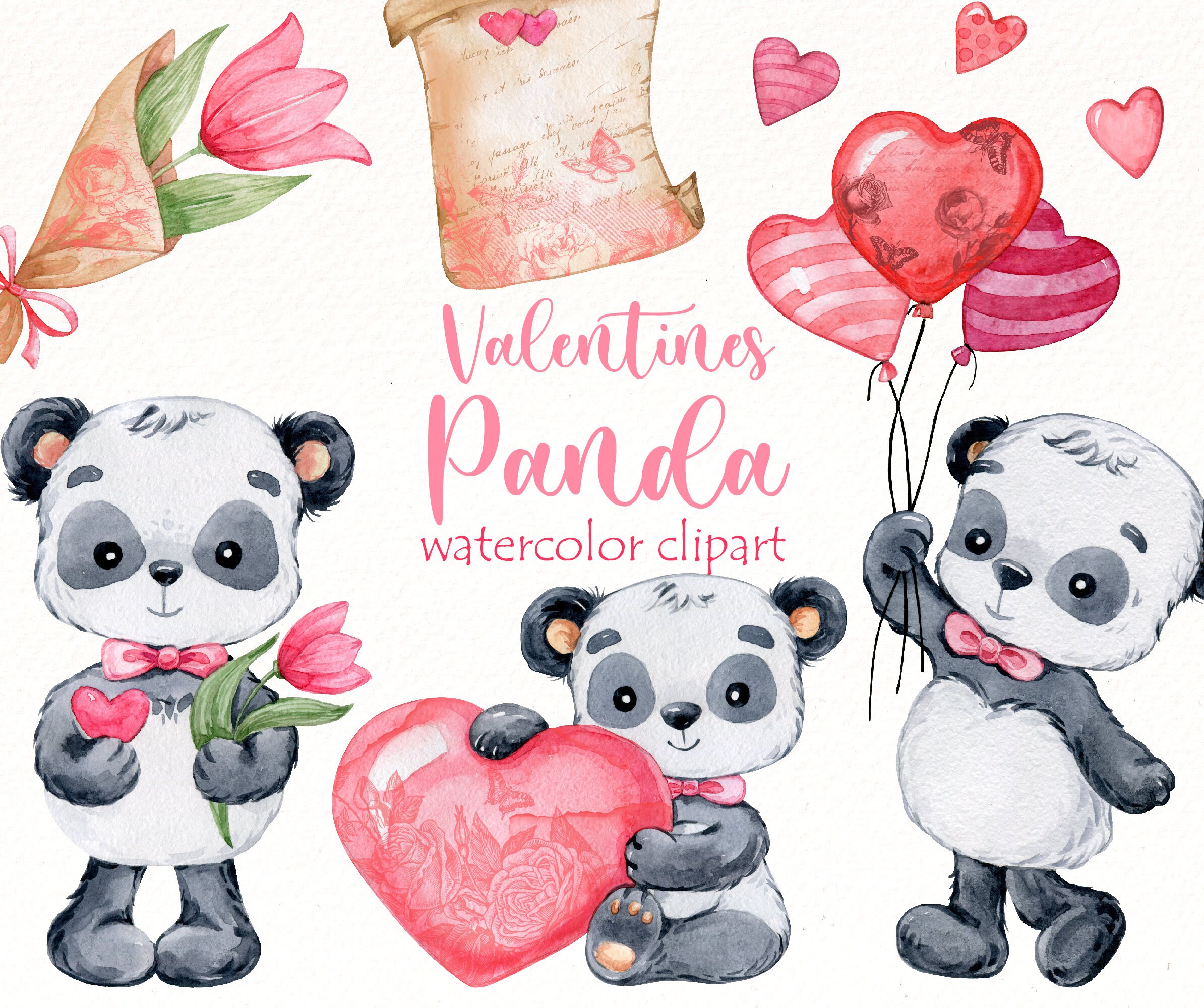 Panda Watercolor Clipart Valentine's Day Clip Art Cute - Etsy