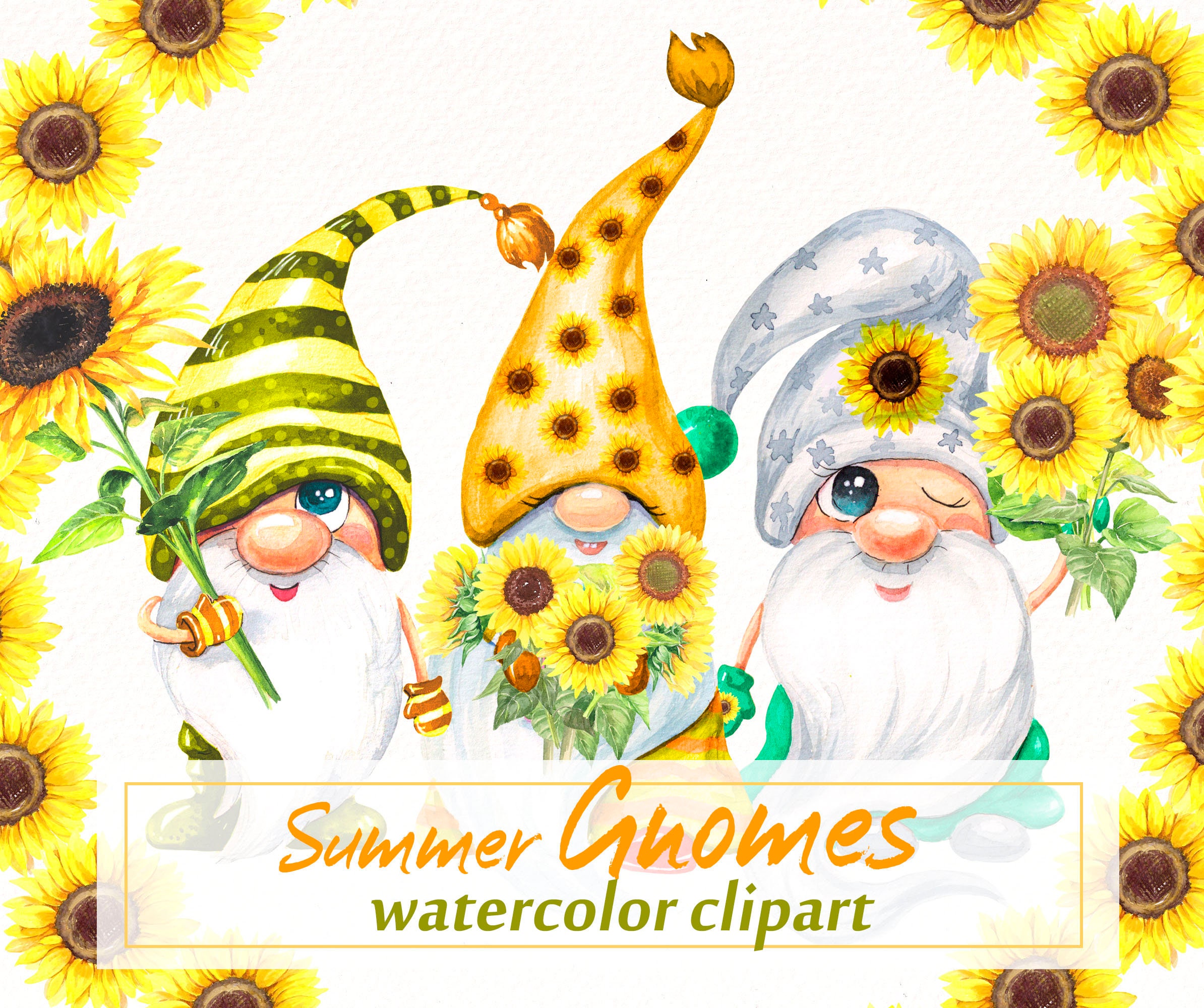 Summer Gnomes Watercolor Clipart, Sunflowers, Flowers Wreath Png Files ...