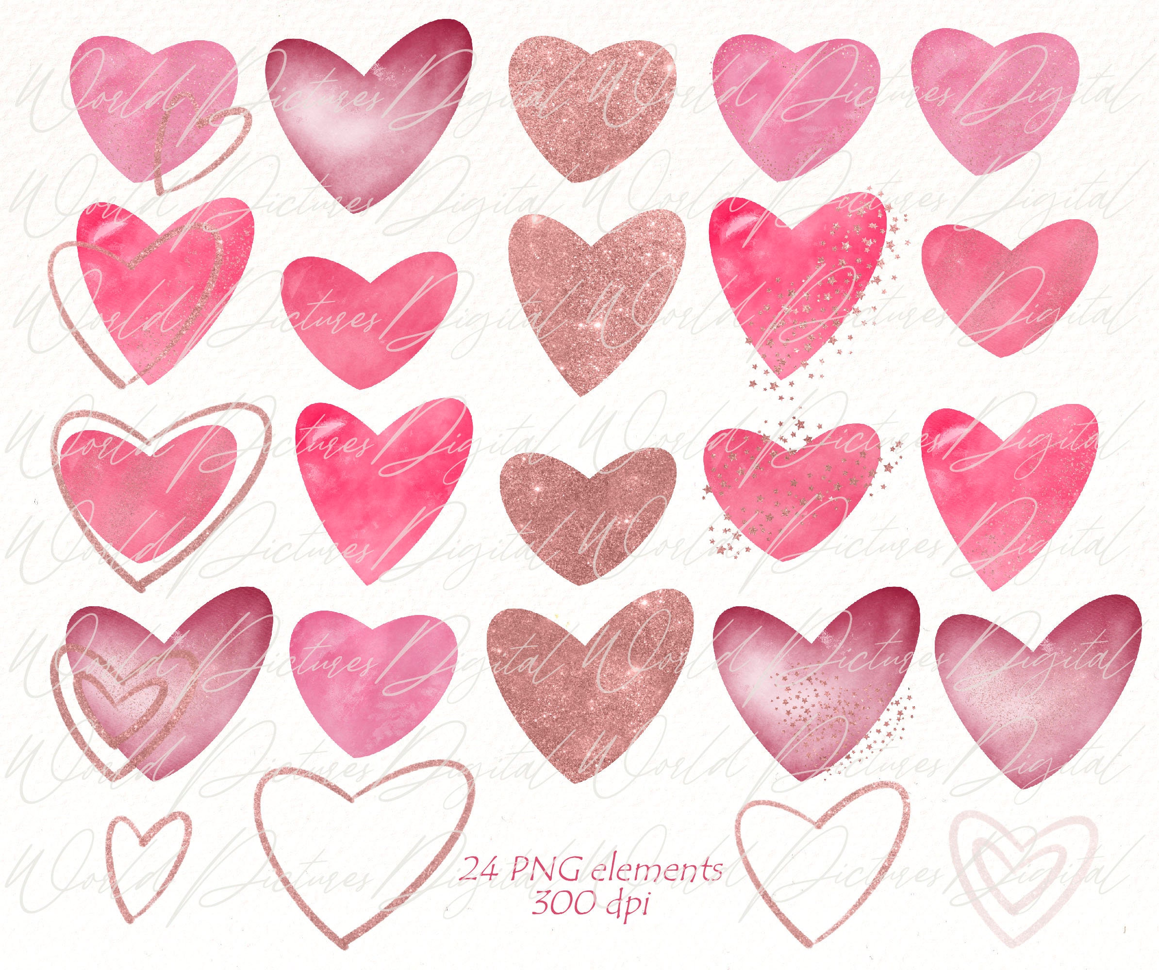 Pink Heart Valentines Clipart, Watercolor Hearts PNG Hand Drawn ...