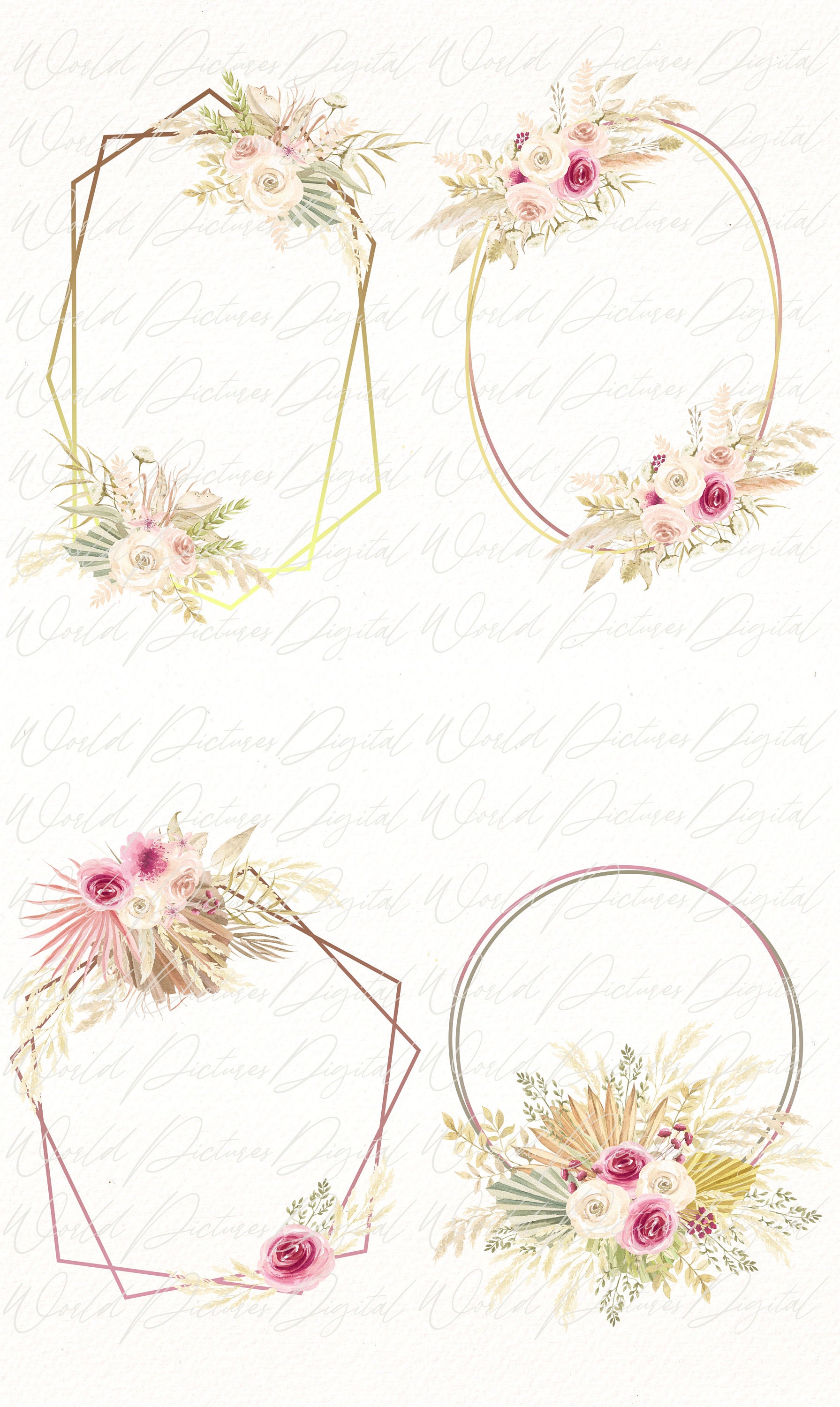 Boho Floral Frame Clipart: Watercolor Pampas Grass Wreath (PNG) - Etsy
