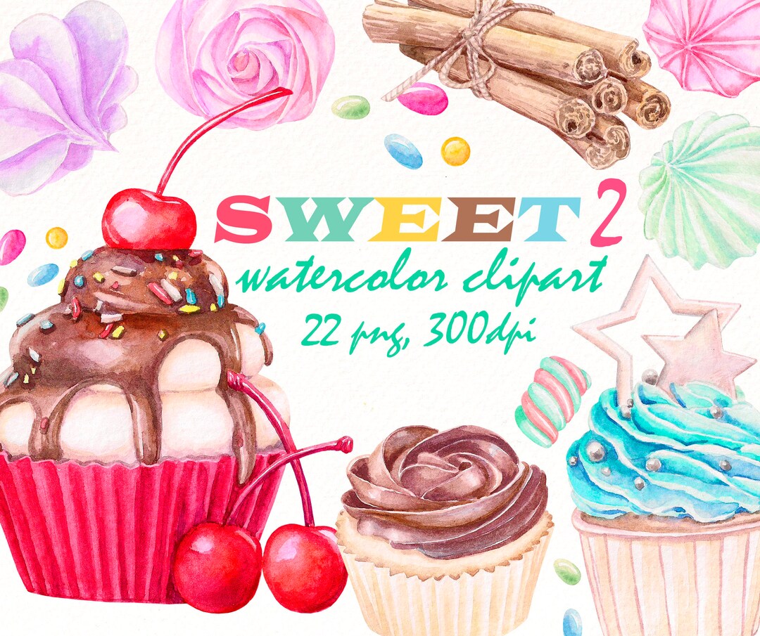 Watercolor Cake Clipart 2. Bakery Fruit Dessert, Cupcake and Cookies ...