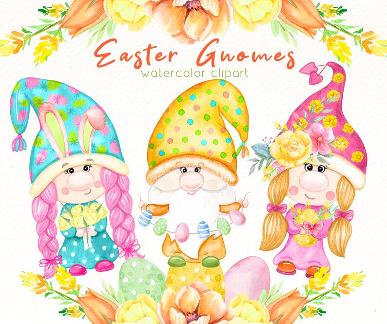 Watercolor Easter Gnomes Clipart: Floral Bouquet PNG Files (digital ...