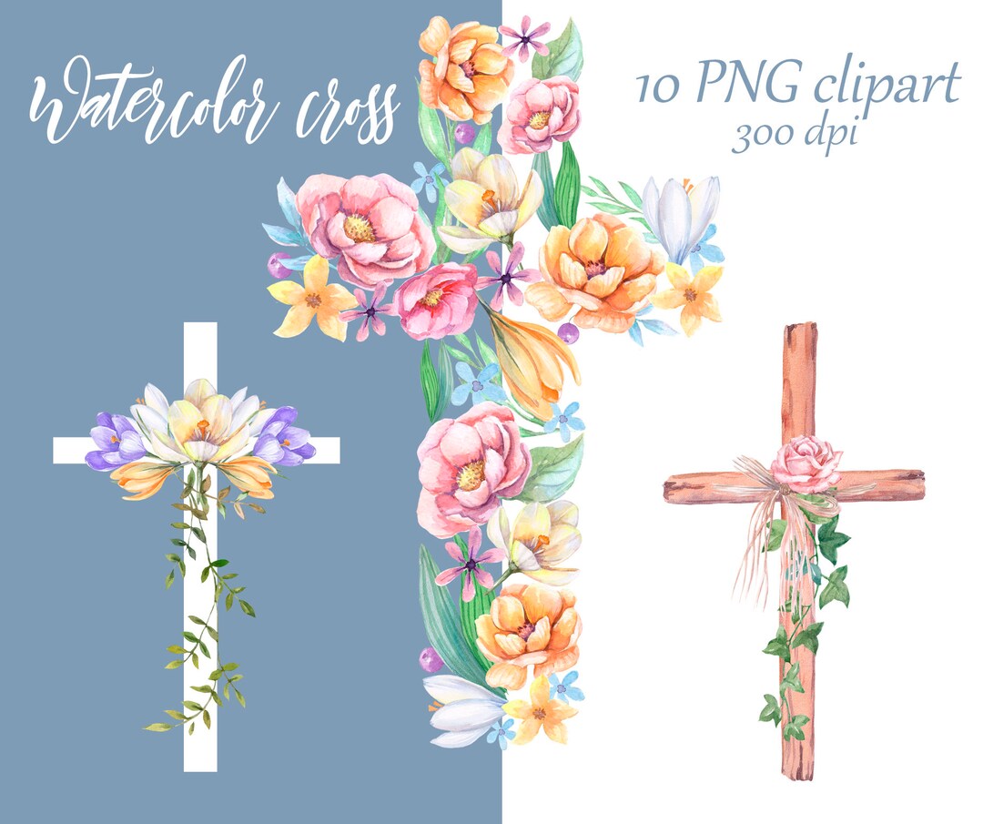 Floral Cross Watercolor Clipart: Religious Easter PNG (digital Download ...