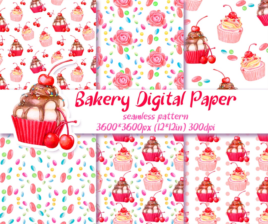 Bakery Digital Paper, Sweet Seamless Pattern, Watercolor Cupcake With ...