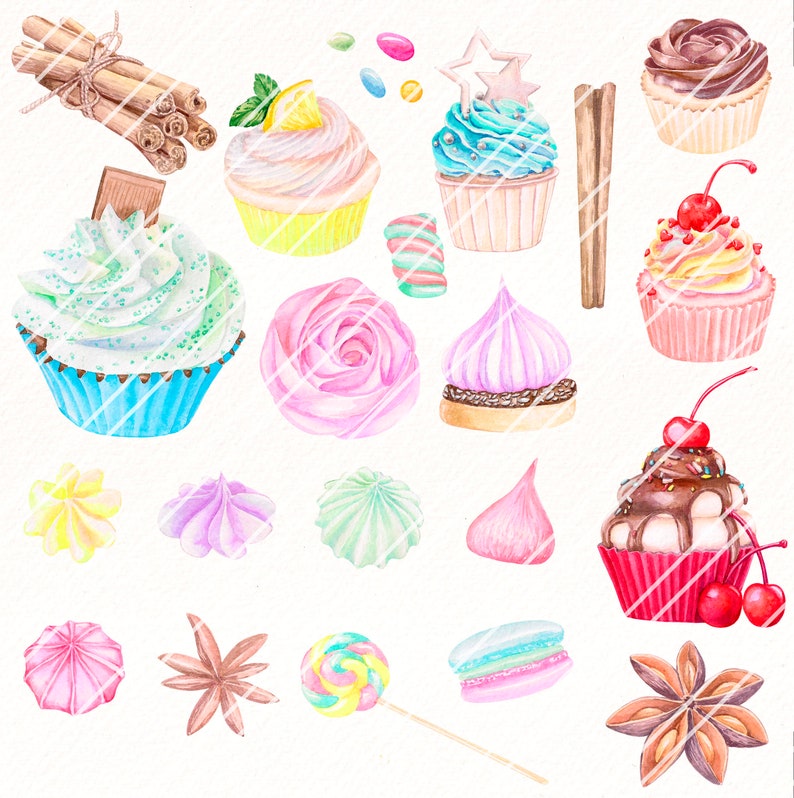 Watercolor Cake Clipart: Bakery Desserts, Fruit, Cookies (PNG Digital ...