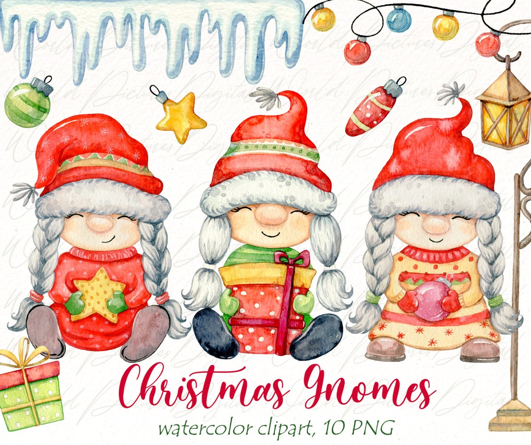 Christmas Gnome Clipart, Watercolor Cute Gnomes Png, Scandinavian Gnome ...