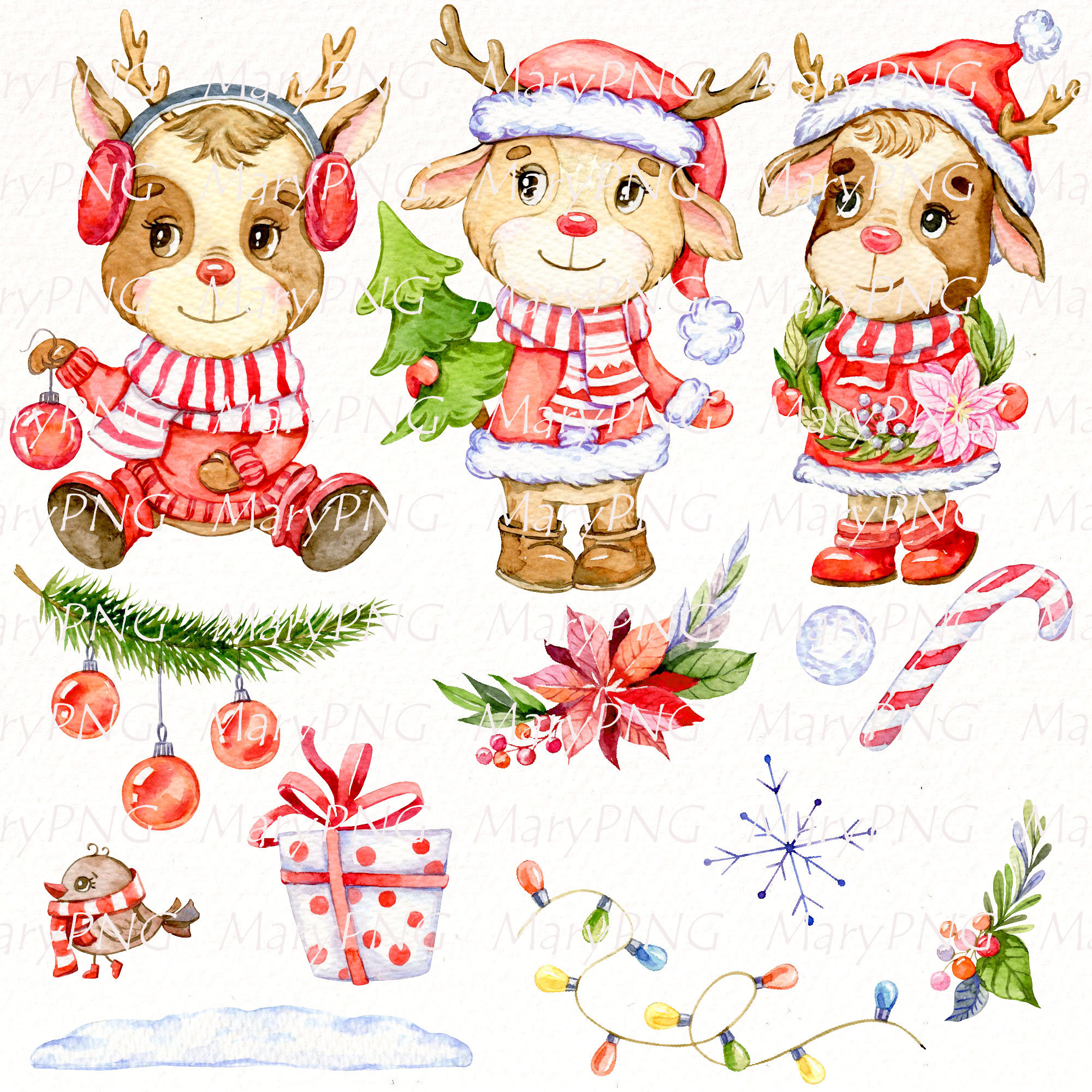 Christmas Deer Watercolor Clipart: Holiday Animals PNG (digital ...