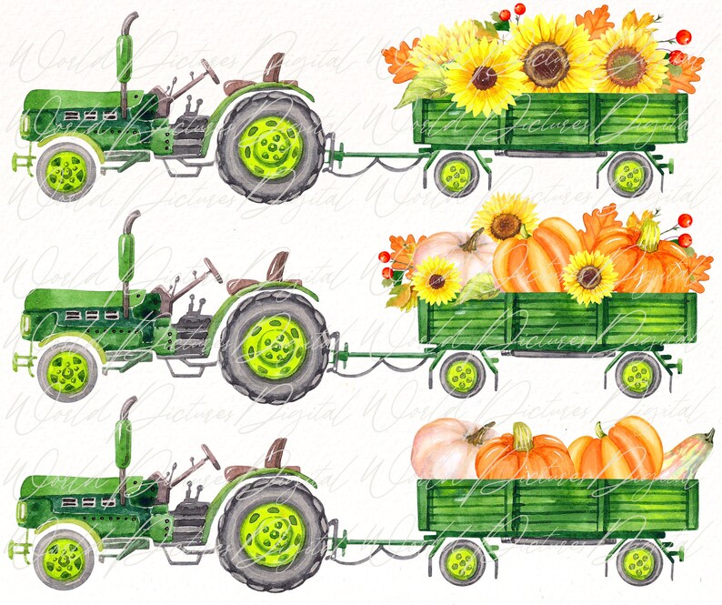 Harvest Tractor Clipart: Pumpkins, Sunflowers, Autumn Floral (digital ...