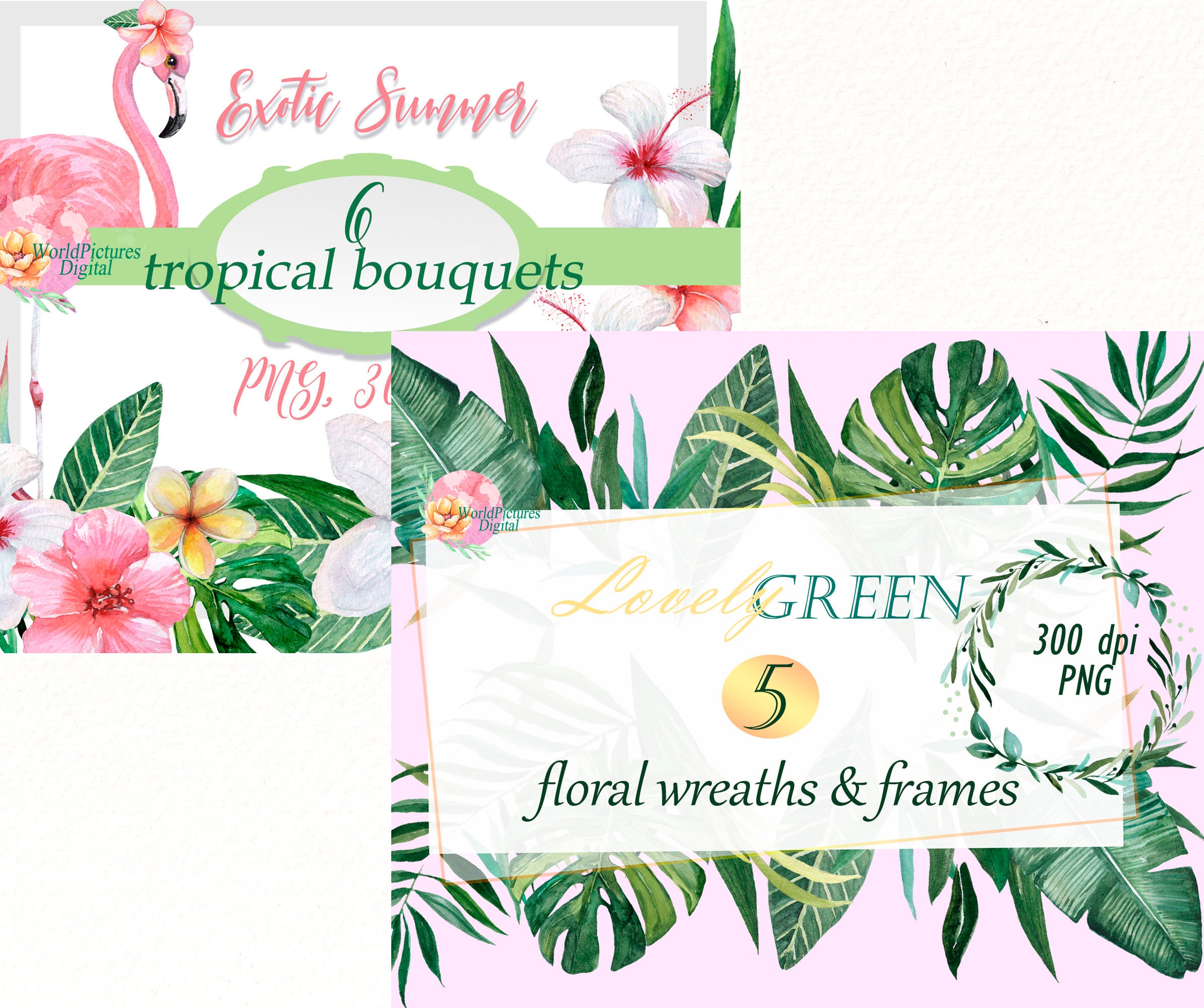 Watercolor Tropical Clipart Bundle: Flamingo, Pineapple, Flowers (PNG ...