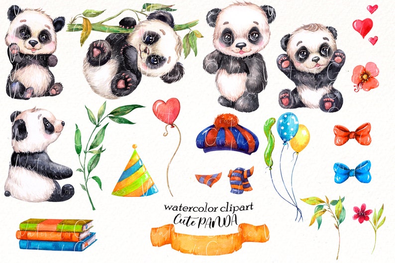 Little Panda Watercolor Clipart. Cute Baby Animal Clip Art, Tropical ...