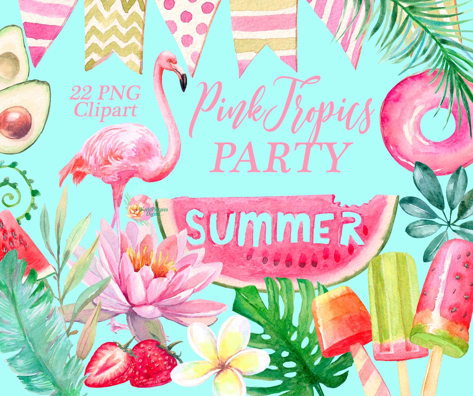 Watercolor Tropical Clipart , Summer Hand Painted Clip Art , Flamingo ...