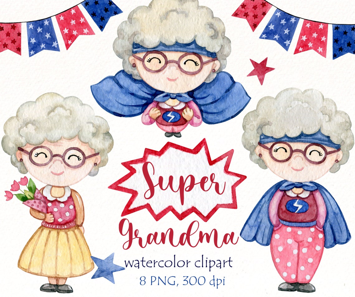Superhero Grandma Clipart, Watercolor Family Clip Art, Grandma Gift PNG ...