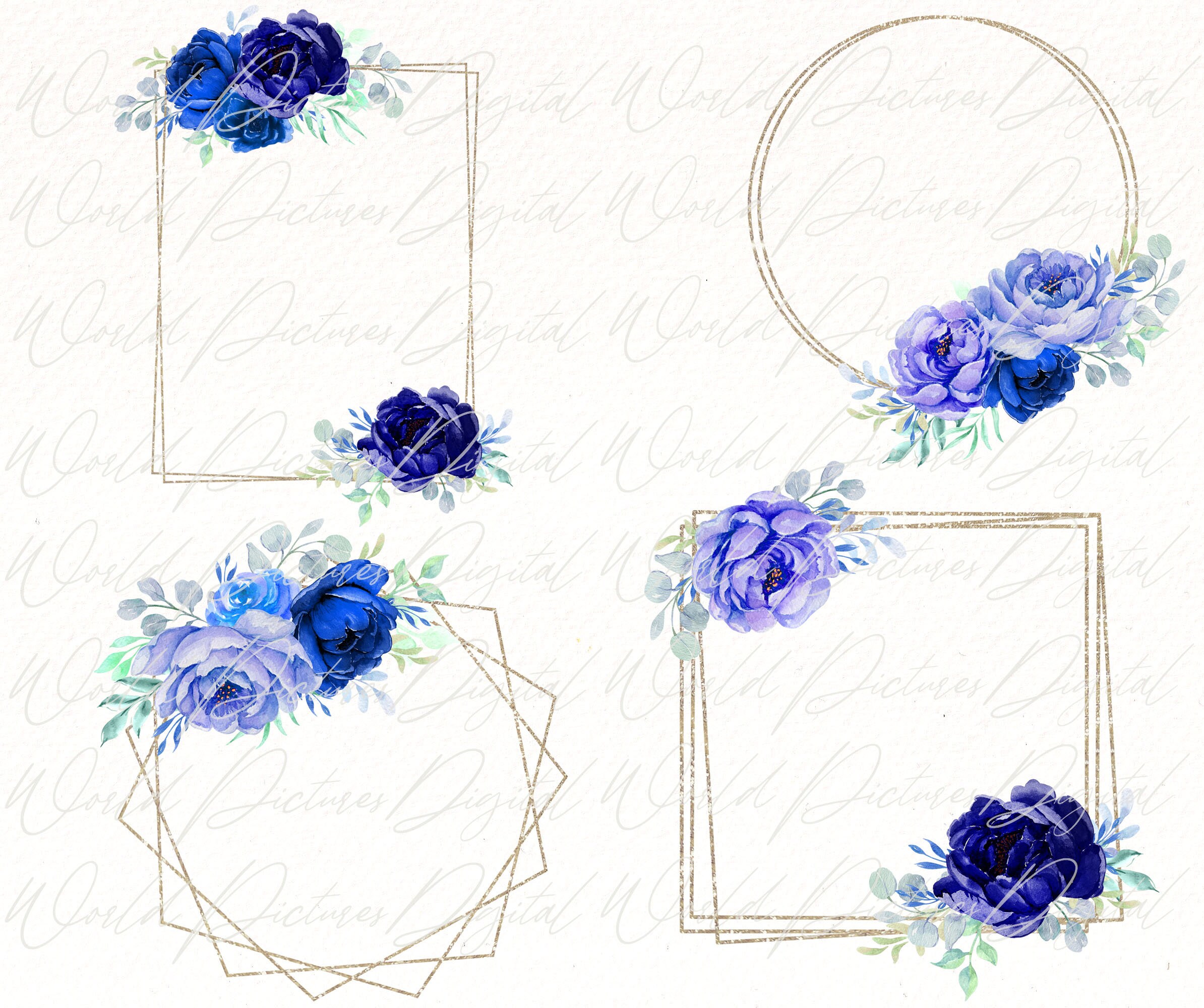 Blue Floral Frame Clipart, Watercolor Navy Blue Flowers Clip Art, Peony ...