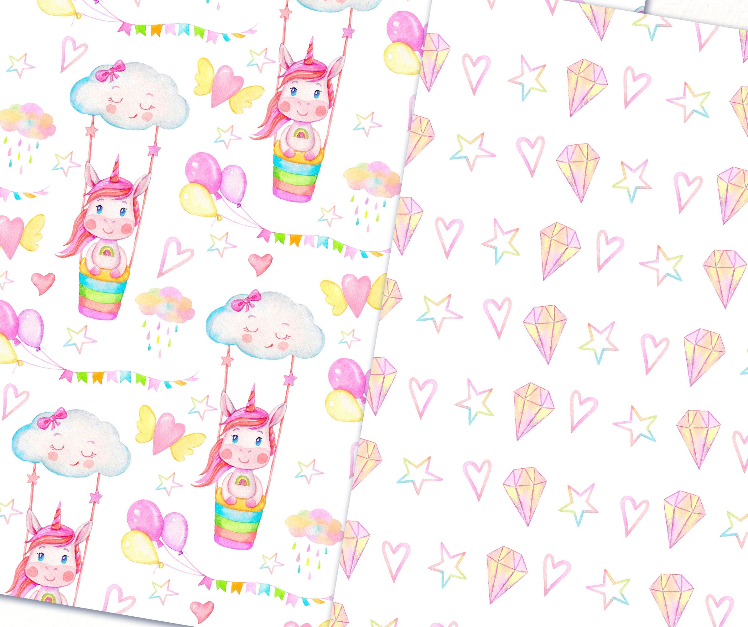 Cute Unicorn Digital Paper, Watercolor Seamless Pattern With Unicorns ...