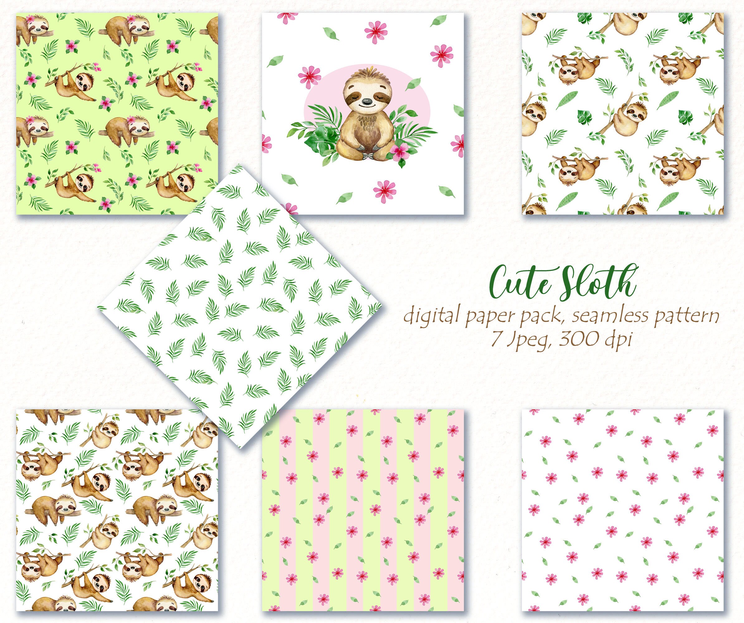 Sloth Digital Paper, Cute Animal Digital Papers Pack, Watercolor Safari ...