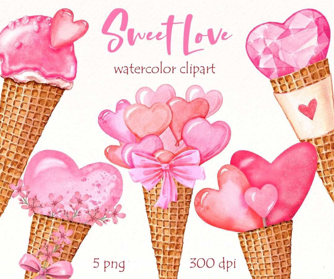 Sweet Valentines Day Clipart, Watercolor Pink Icecream Png, Valentines ...