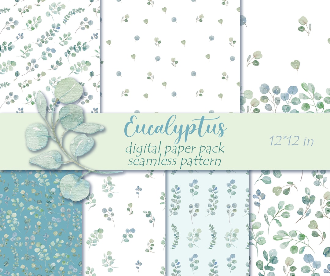 Eucalyptus Digital Paper, Watercolor Seamless Eucalyptus Patterns for ...