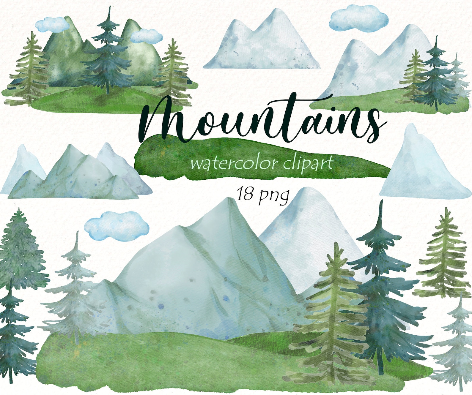 Watercolor Mountain Landscape Clipart, Forest Clip Art, Nature Travel ...