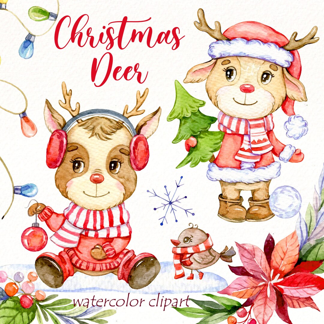 Christmas Deer Watercolor Clipart: Holiday Animals PNG (digital ...