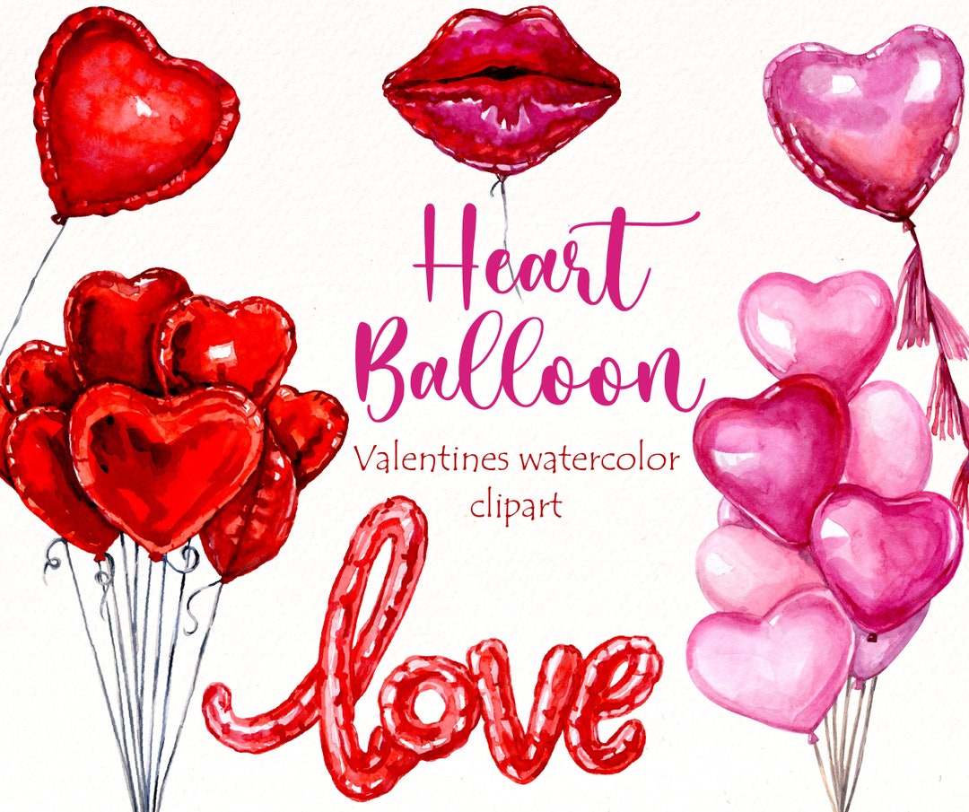 Heart Balloon Clipart, Valentines Day Watercolor Clip Art, Love Balloon ...