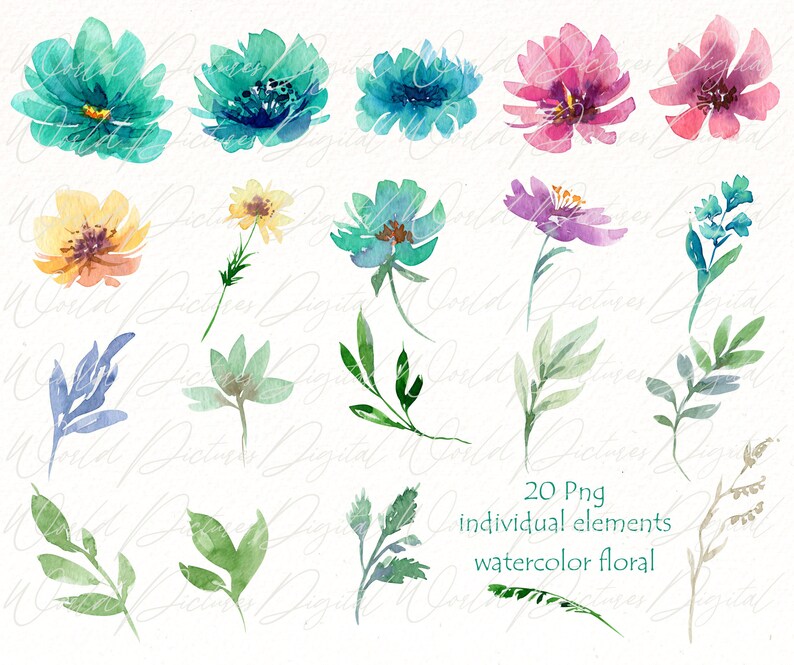 Watercolor Floral Clipart, Teal Flowers Png Files, Watercolor Wedding ...