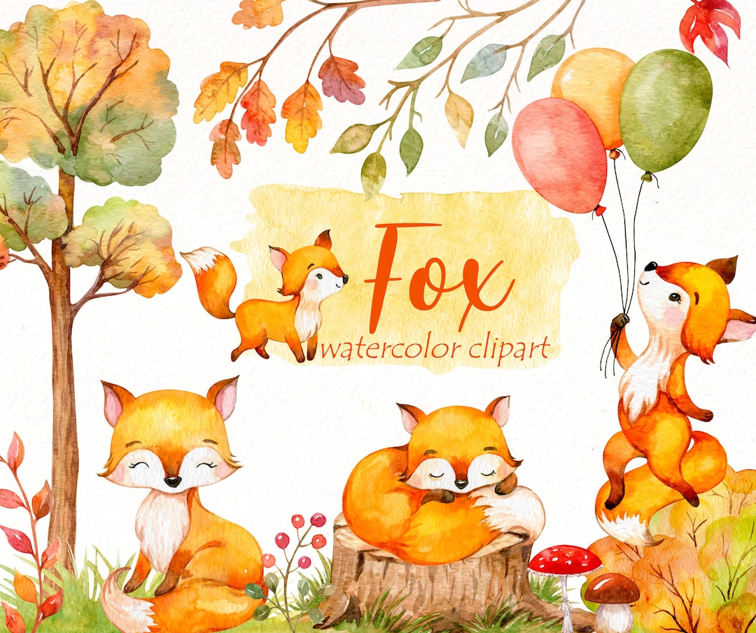 Cute Fox Clipart, Watercolor Woodland Animal Clip Art, Fall Landscape ...