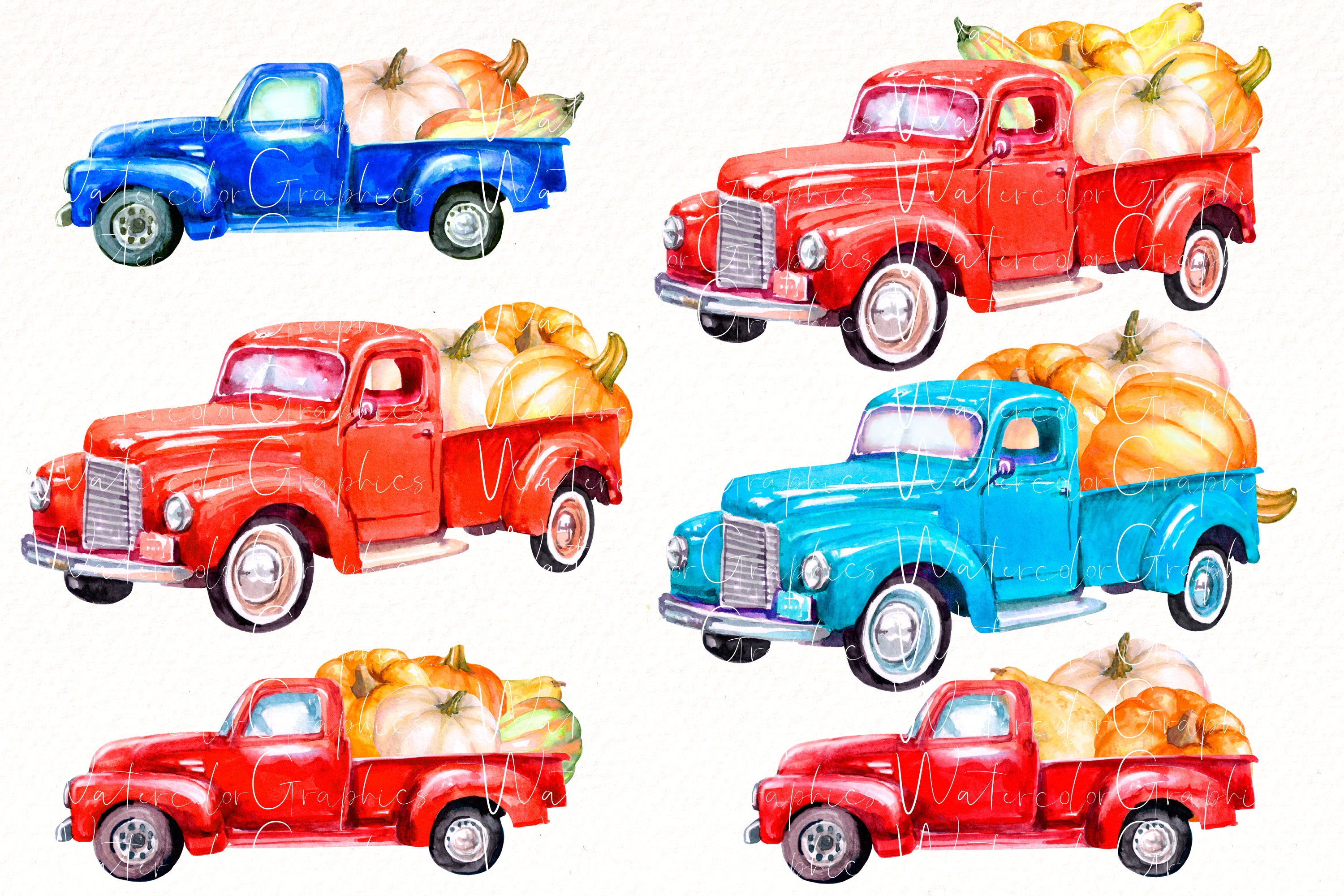 Fall Truck Clipart, Watercolor Harvest Trucks With Pumpkins Clip Art ...