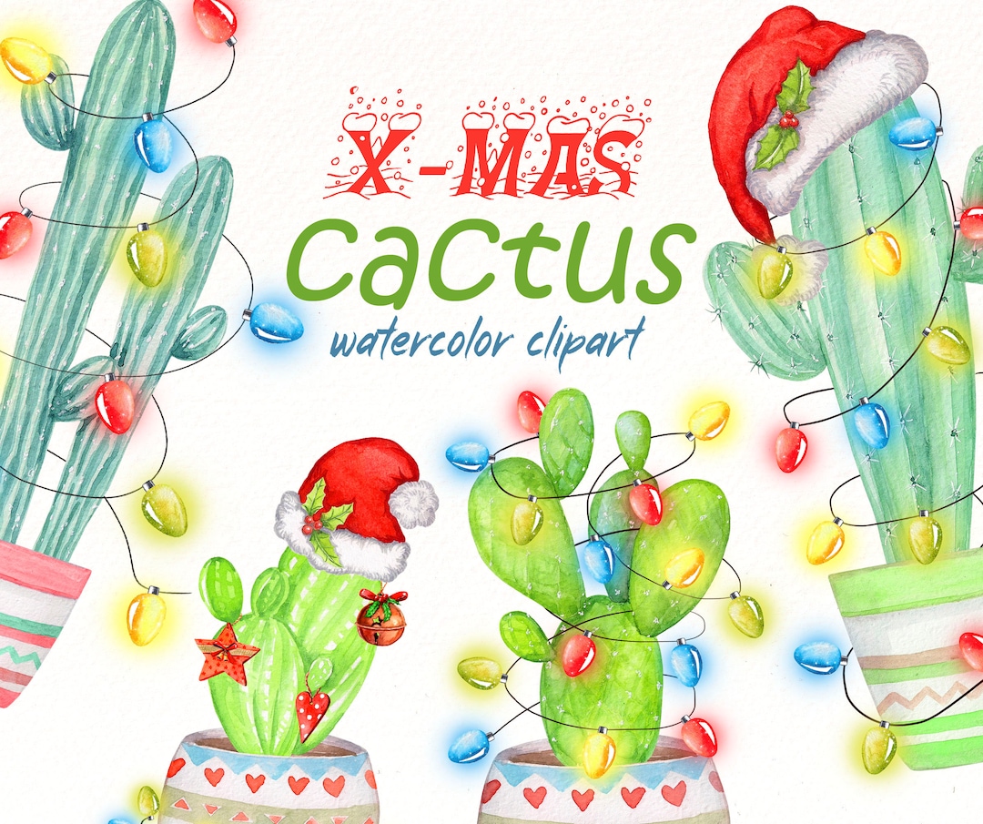 Christmas Cactus Clipart, Watercolor Cute Plant Clip Art With Holiday ...