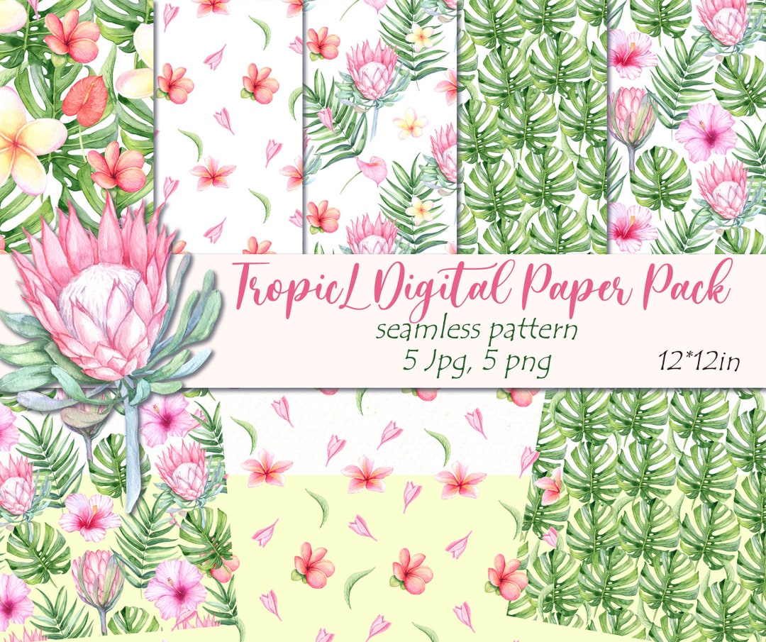 Tropical Digital Paper , Watercolor Flowers Tropical Paper Pack ...