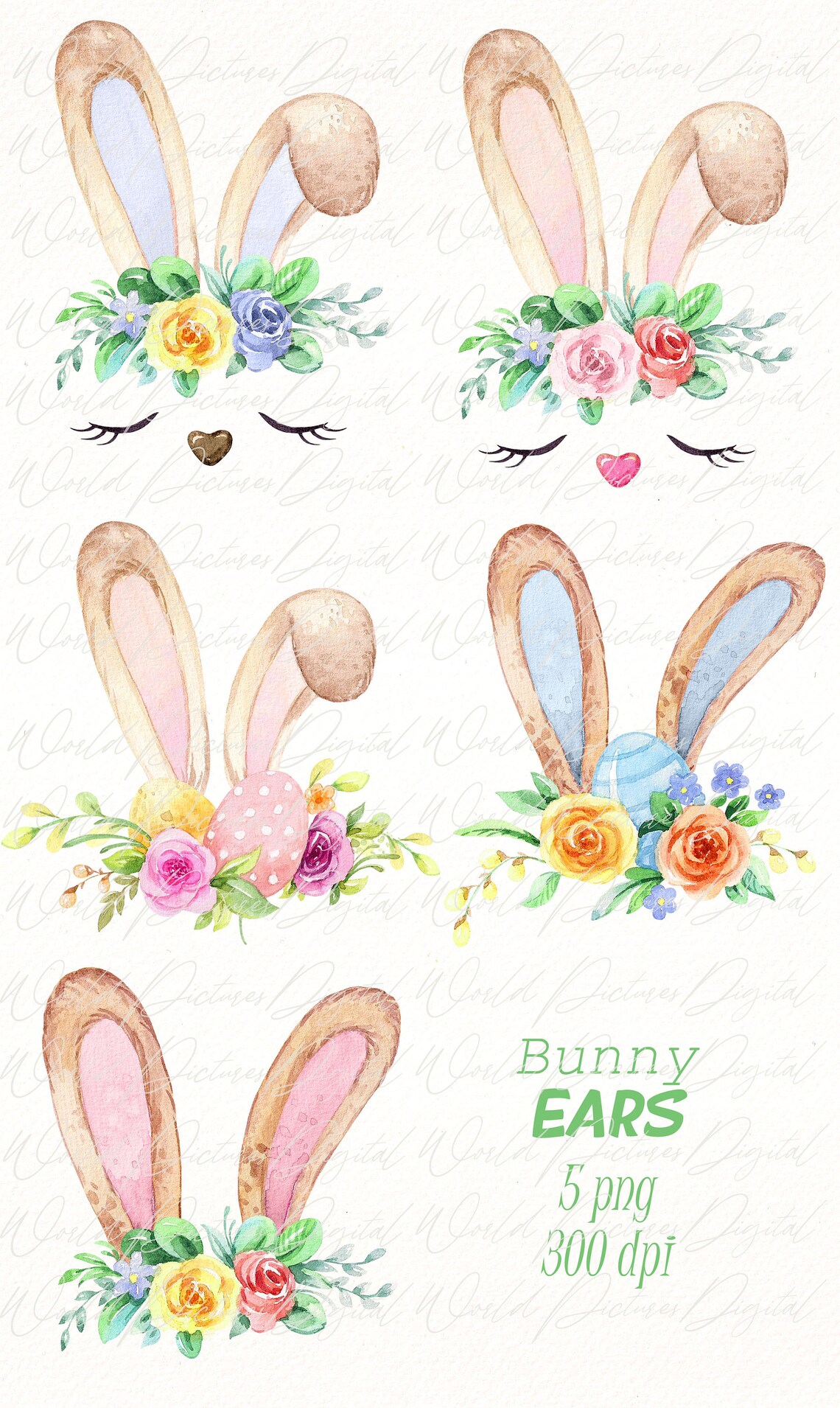 Watercolor Easter Bunny Ears Clipart: Floral Spring PNG (digital Files ...