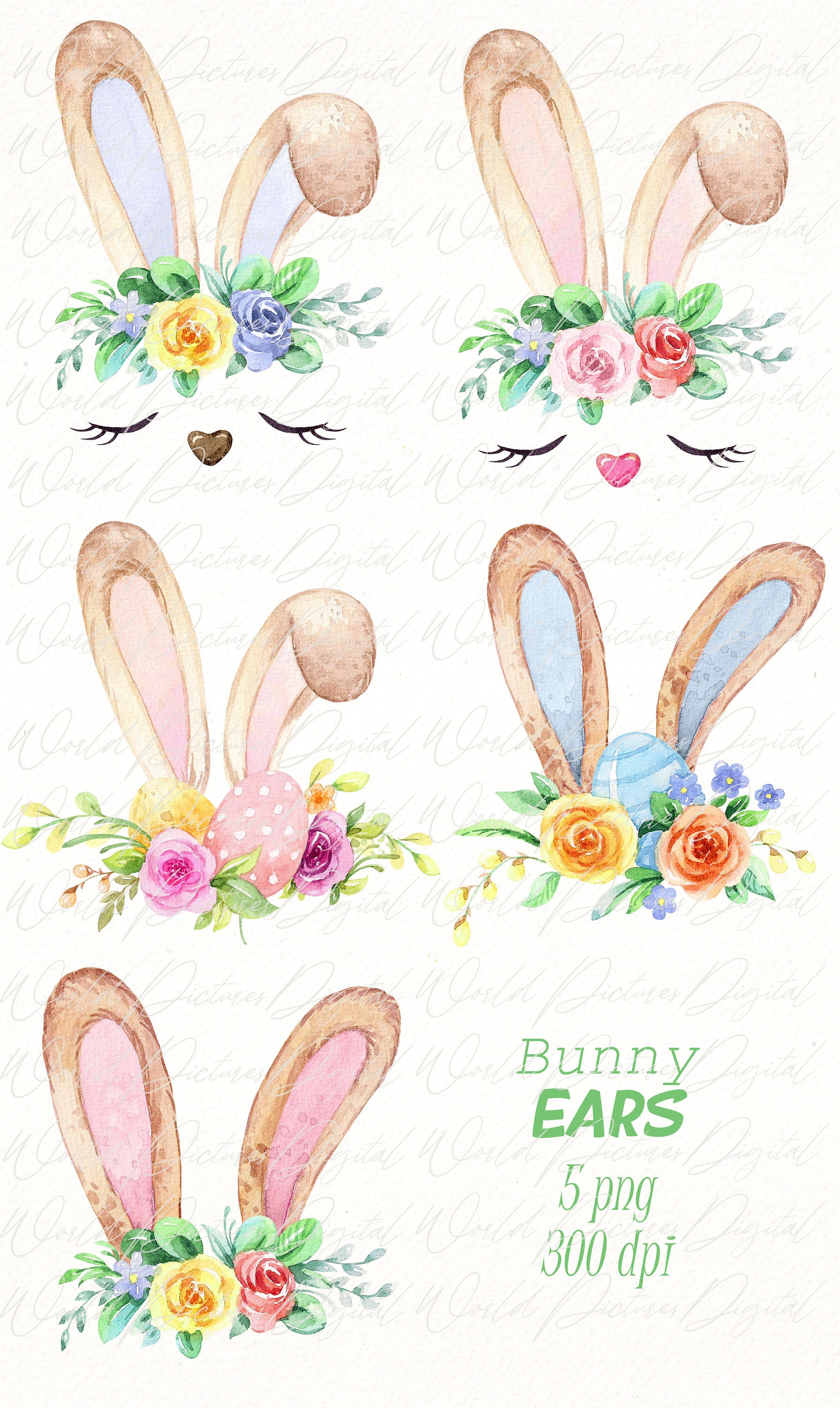 Watercolor Easter Bunny Ears Clipart, Hand Painted Spring Clip Art ...