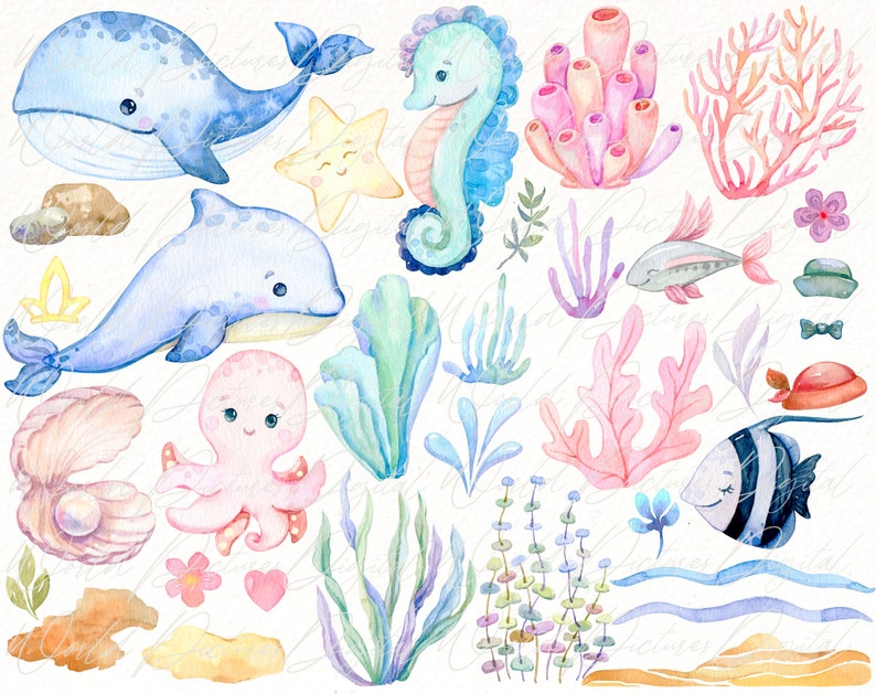 Watercolor Under the Sea Clipart: Nautical Ocean Animals (digital ...