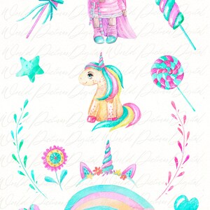 Girl and Unicorn Watercolor Clipart: Rainbow, Hearts, Stars (PNG ...