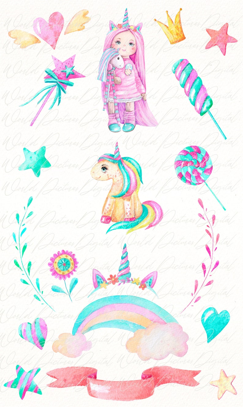 Girl and Unicorn Watercolor Clipart: Rainbow, Hearts, Stars (PNG ...