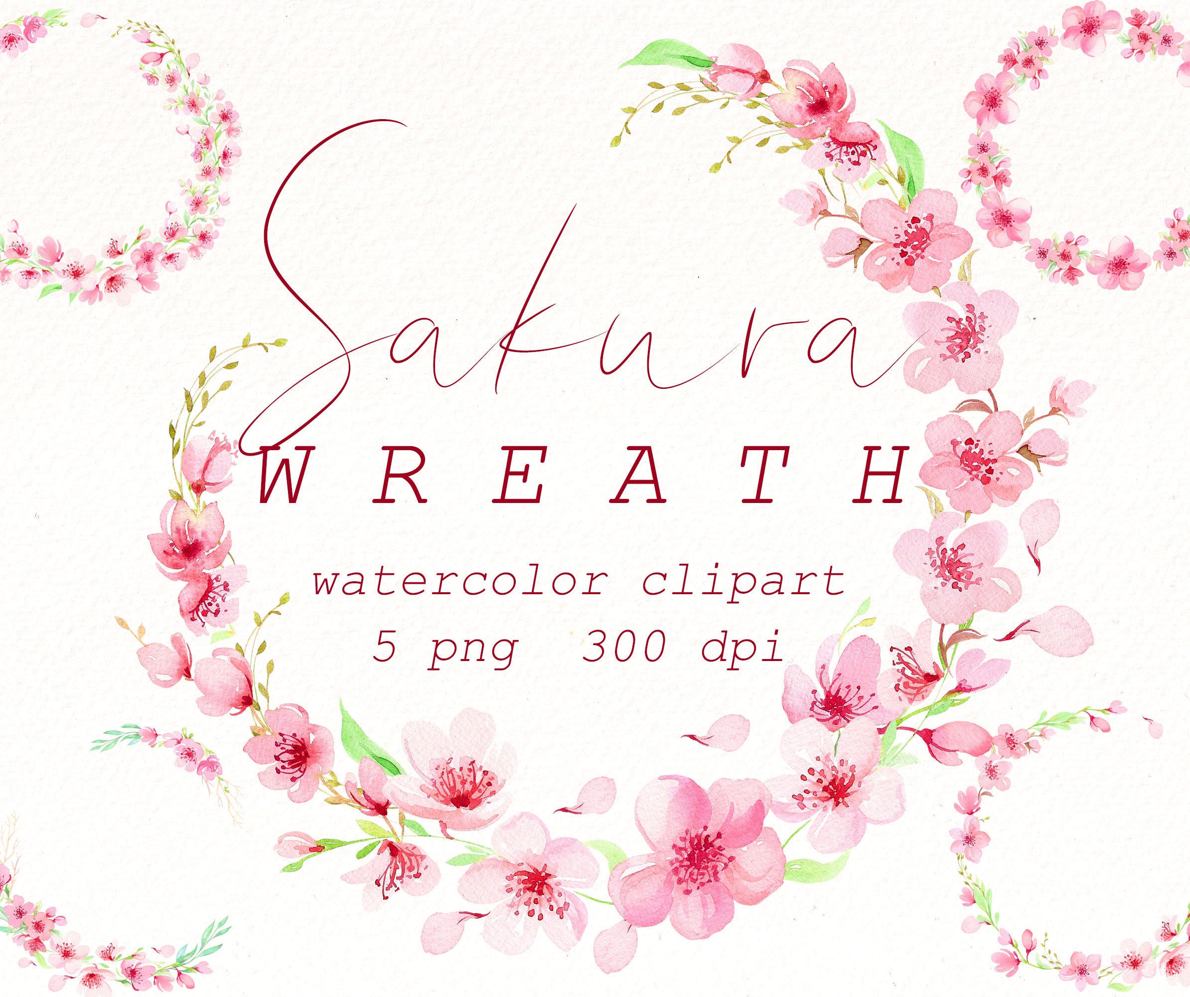 Sakura Blossom Watercolor Wreath Clipart: Spring Floral PNG (digital ...