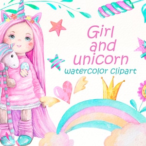 Girl and Unicorn Watercolor Clipart: Rainbow, Hearts, Stars (PNG ...
