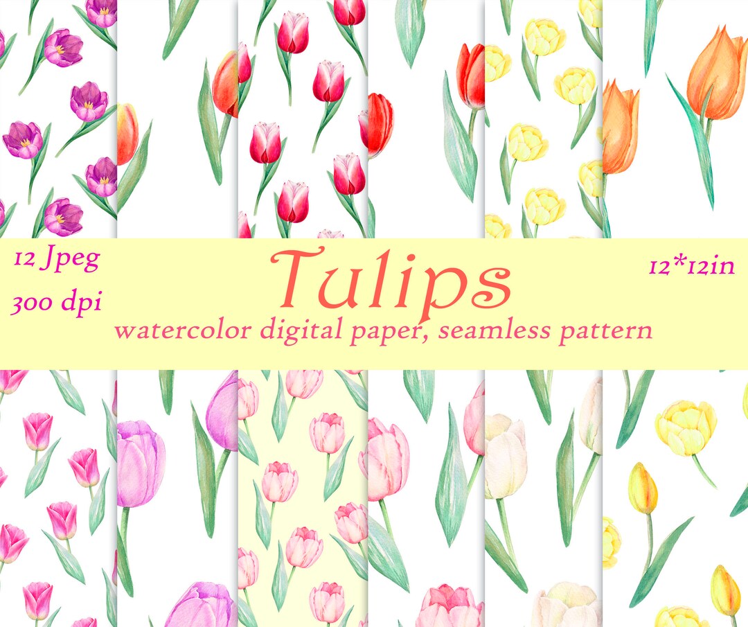 Tulips Digital Paper Pack, Watercolor Tulip, Floral Seamless Pattern ...