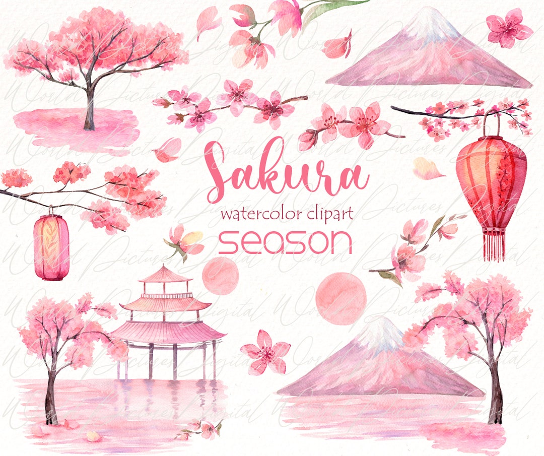 Sakura Blossom Watercolor Clipart, Cherry Blossom Landscape Clip Art ...