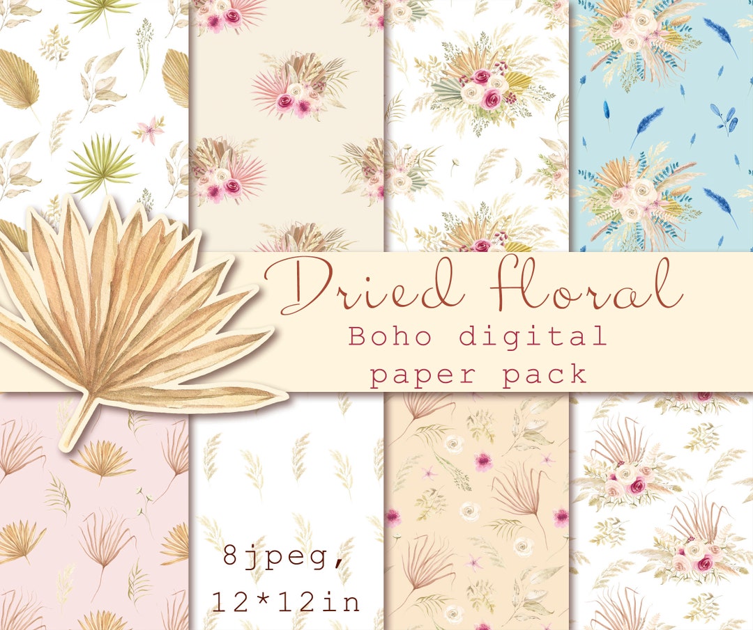 Flowers Boho Digital Paper Pack, Dried Flowers Paper , Pampas Grass ...