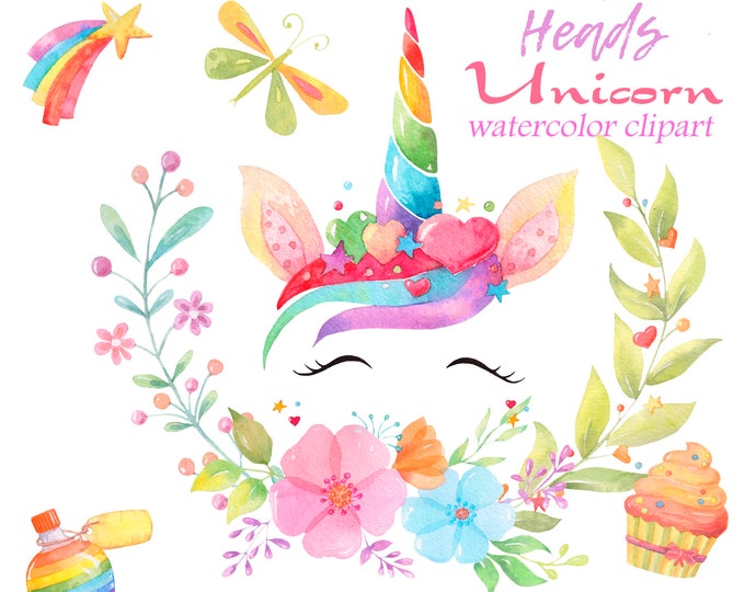Unicorns. Watercolor Clip Art, Rainbow, Hearts, Flowers, Stars, Candy ...