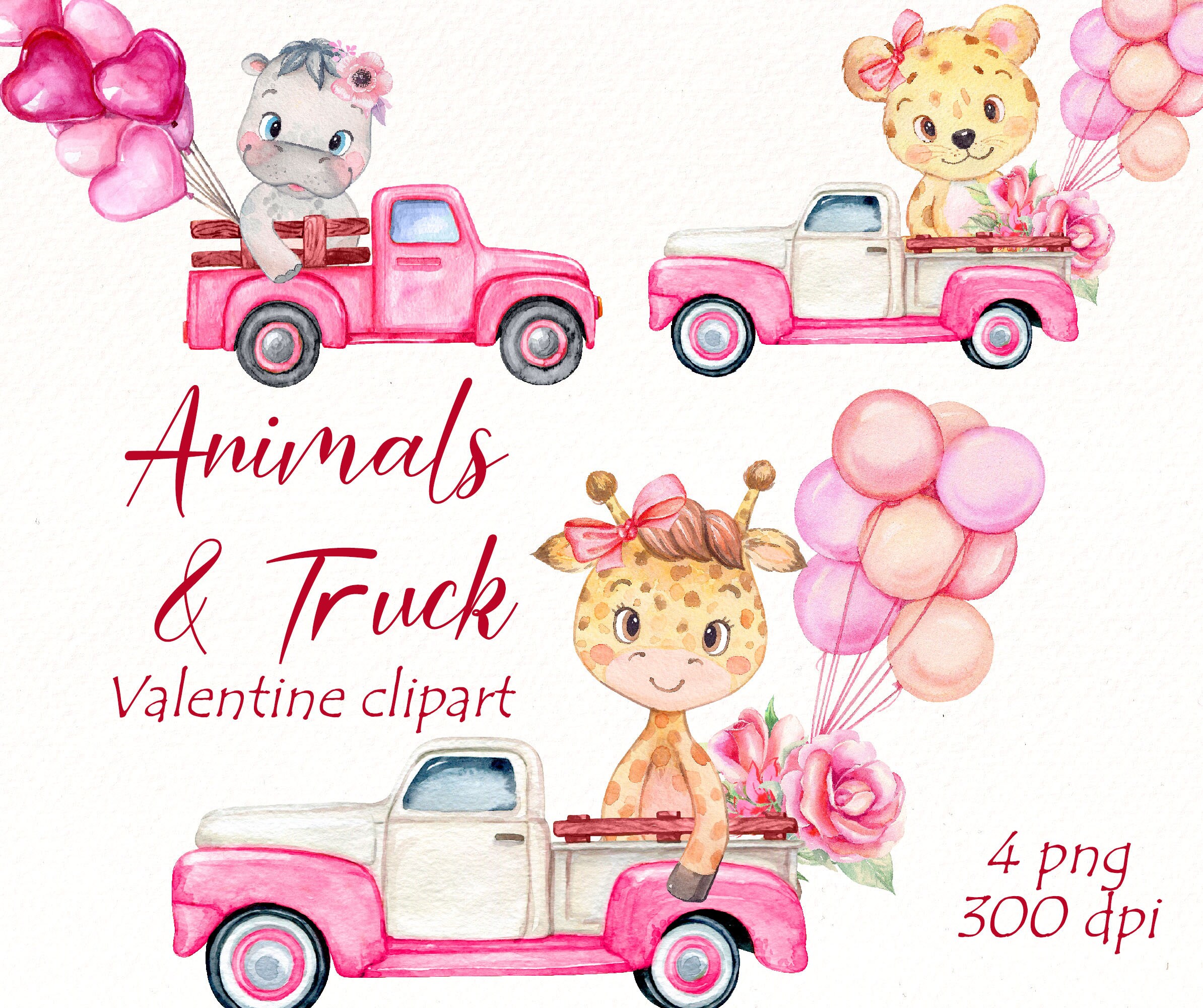 Valentine Safari Animals Clipart, Watercolor Pink Truck Png, Heart ...