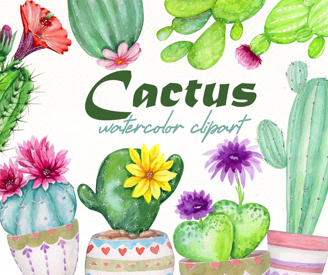Watercolor Cactus Clipart, Tropical Desert Plants With Flowers and Pots ...